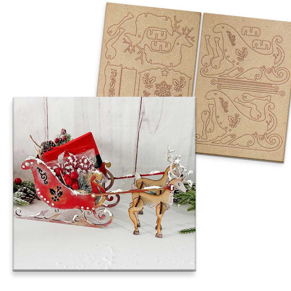3D Santa's Reindeer Sleigh MDF blank Craft Kit by Polkadoodles